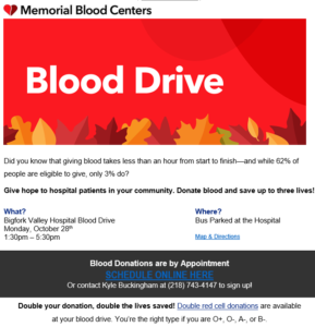 Memorial Blood Centers Blood Drive October 28th | Bigfork Valley Hospital